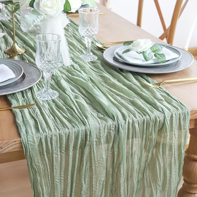 Sage Green Crinkled Cheesecloth Wedding Table Runner 3m – The Wedding ...