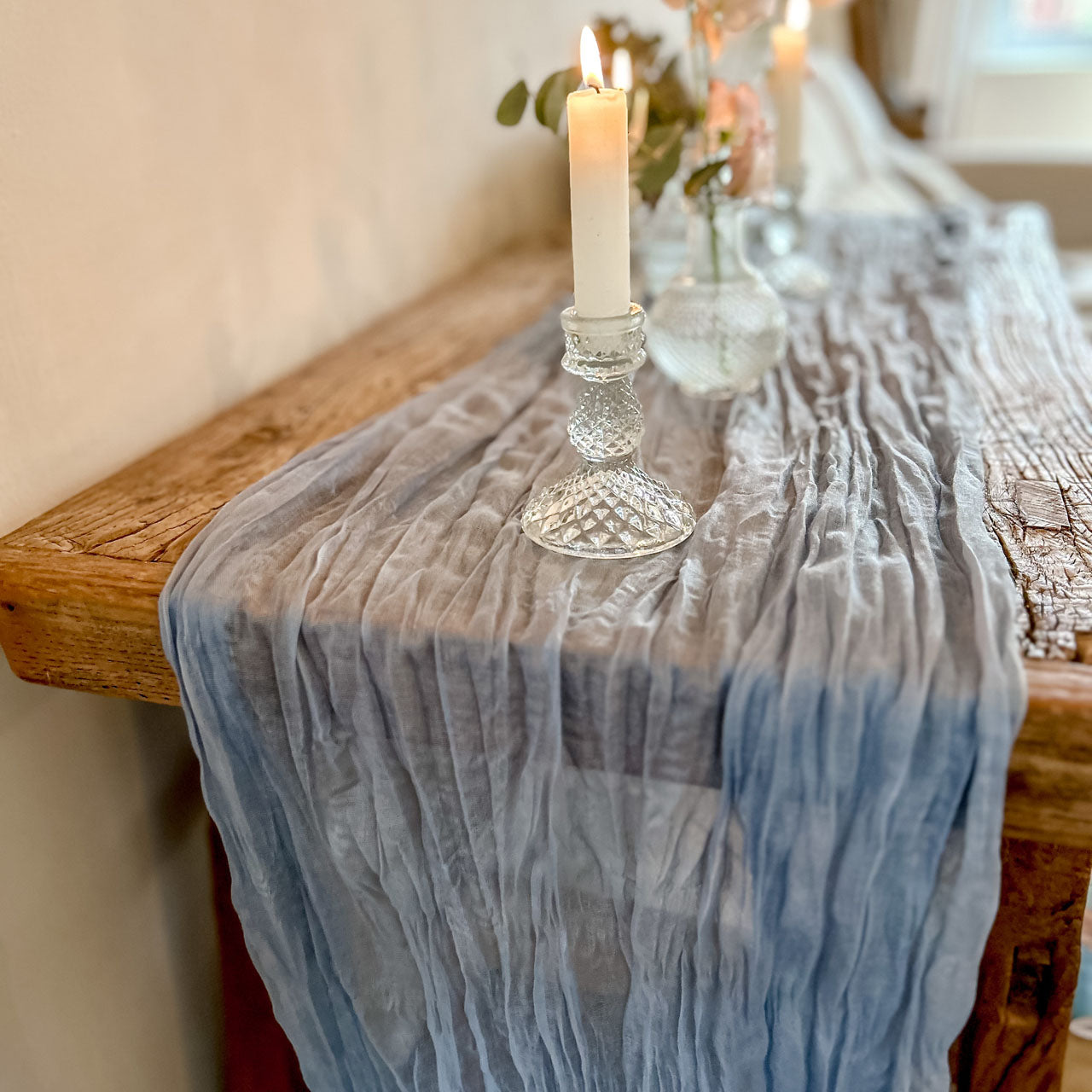 Dusky Blue Crinkled Cheesecloth Wedding Table Runner 3m – The Wedding ...
