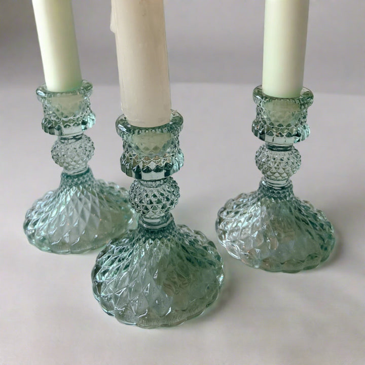 Coloured Pressed Glass Candlesticks - Green – The Wedding of My Dreams